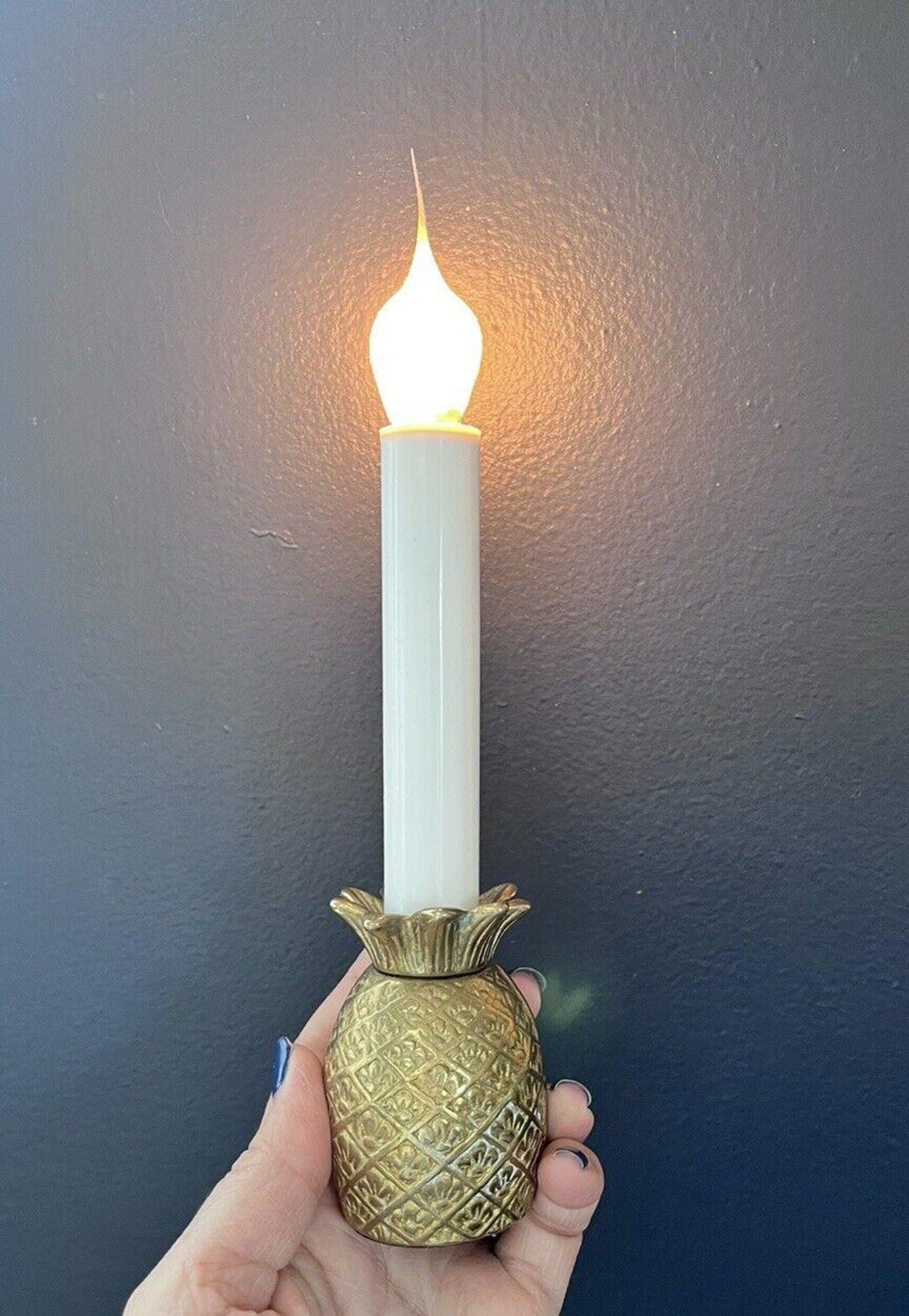 Vtg Brass Pineapple Candlestick Lamp Electric Table Nightlight With ...