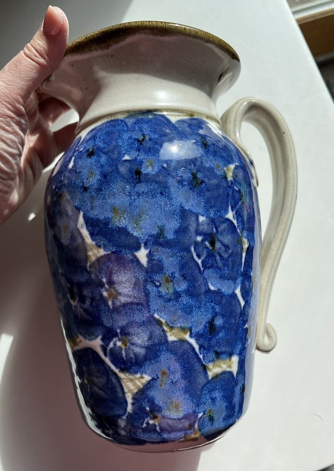 Blue Bonnet Studio Art Pottery Pitcher Artist Signed Flower Handled ...
