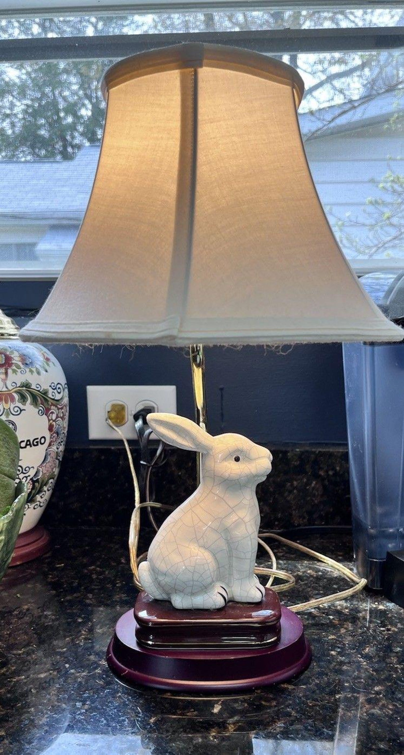 Small Ceramic Rabbit Bunny Table Lamp Crackle Finish Linen Shade 14 in ...