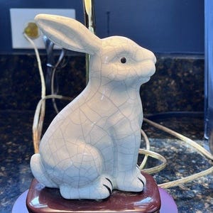 Small Ceramic Rabbit Bunny Table Lamp Crackle Finish Linen Shade 14 in ...