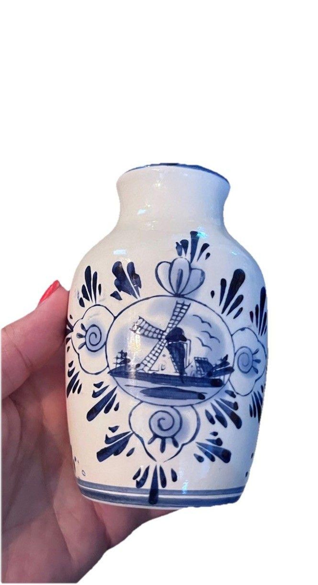 Delft Holland Windmill Scenic Blue & White Vase Small Unsigned Hand ...
