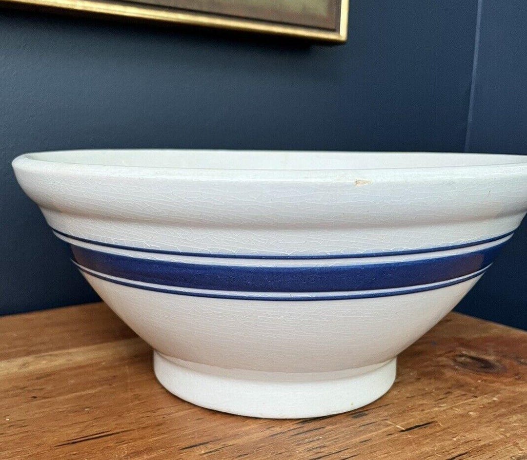 Vtg Weller Pottery Mixing Bowl Unmarked Ribbed Tripled Blue Banded ...