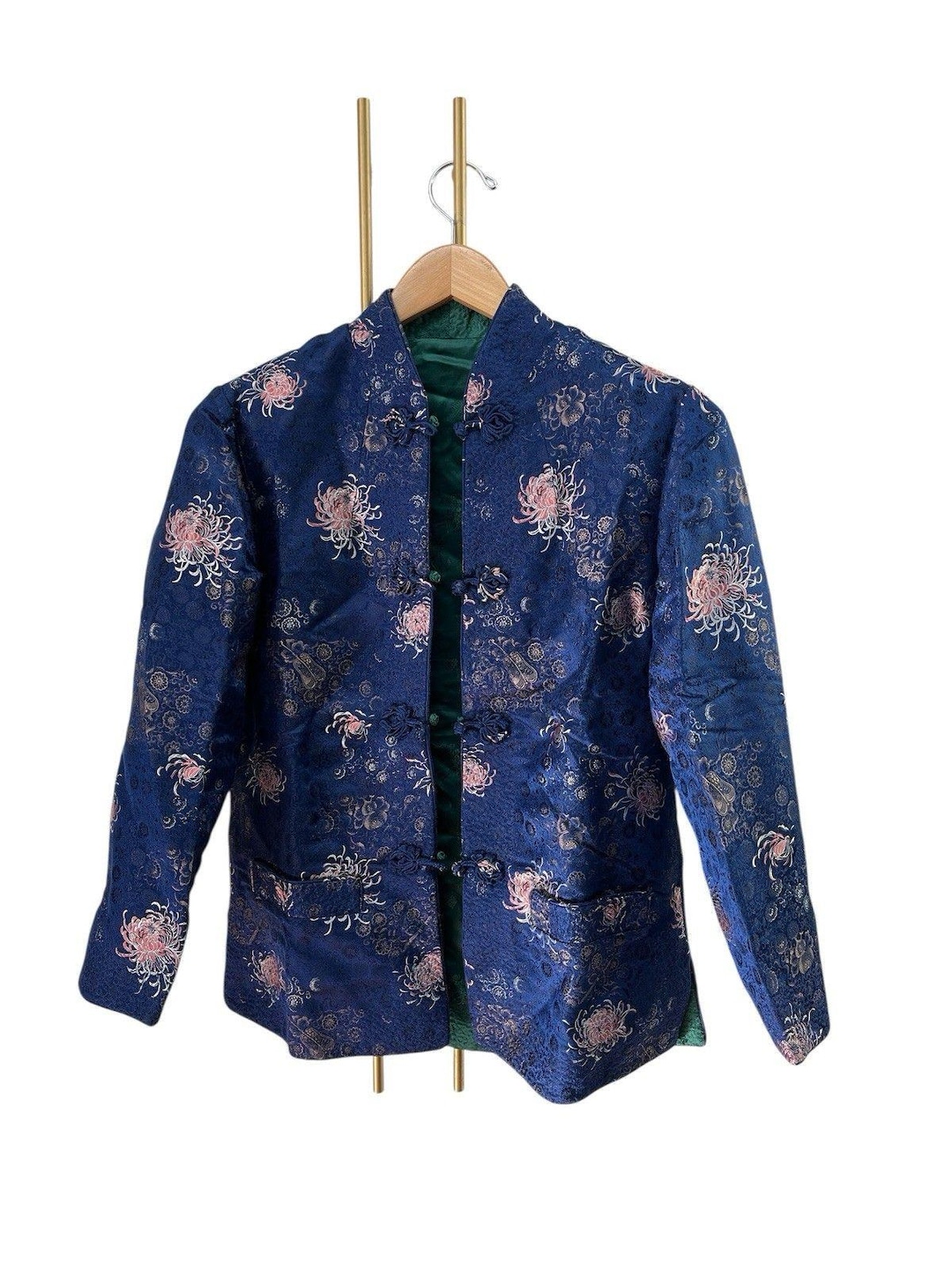 Vtg Peony Traditional Chinese Jacket Frog Buttons Womens Sz S/M Blue ...
