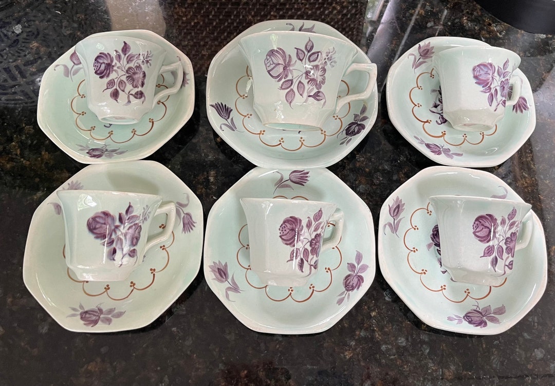 Lot of 6 Rare Calyx Ware Antique Adams Pottery Cups & Saucers Purple ...