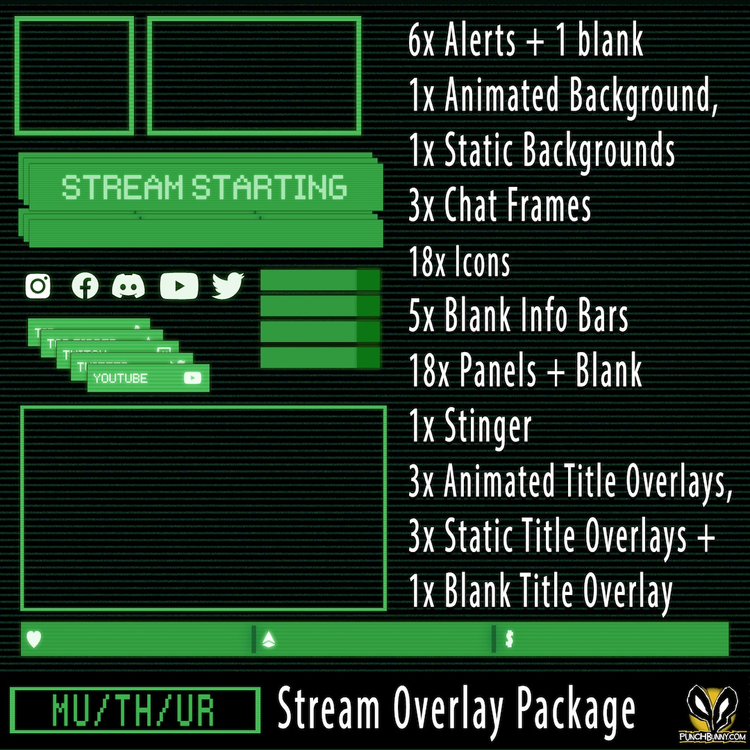 MUTHUR Green 80s Computer Style Twitch Stream Package Overlay ...