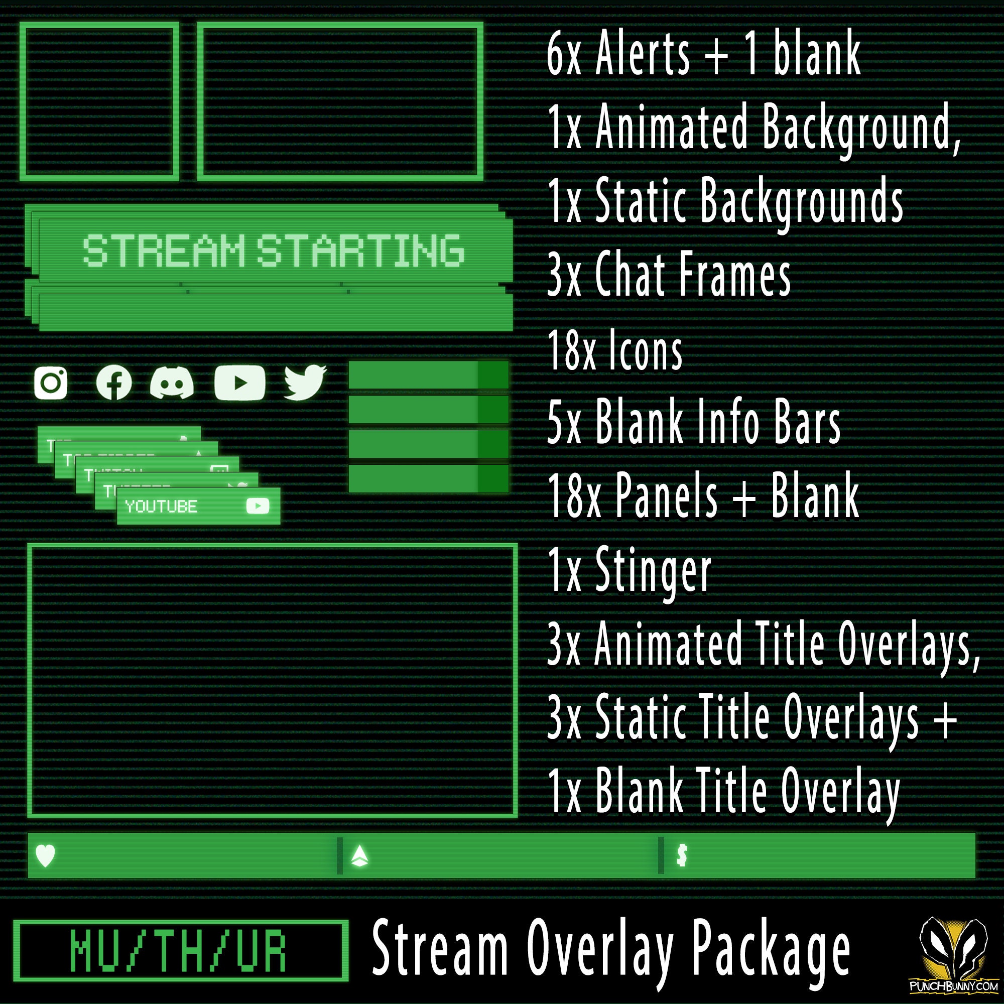 MUTHUR Green 80s Computer Style Twitch Stream Package Overlay ...