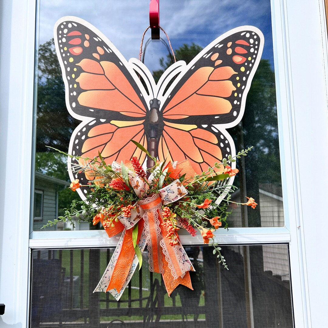 Monarch Butterfly Wreath for Front Door, Vibrant Orange Floral Door ...