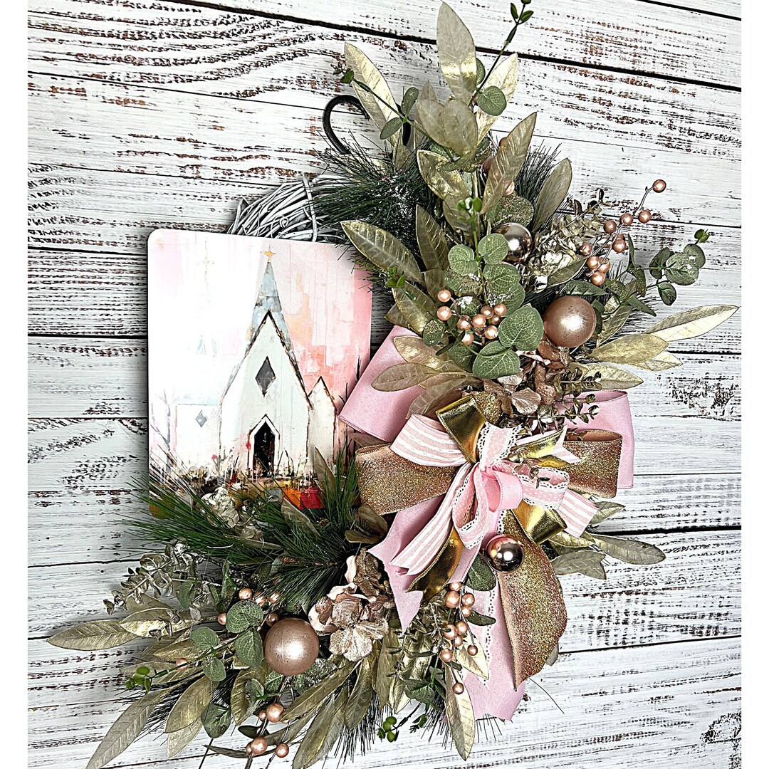 Pink and Gold Church Wreath for Front Door, Christian Church Porch ...