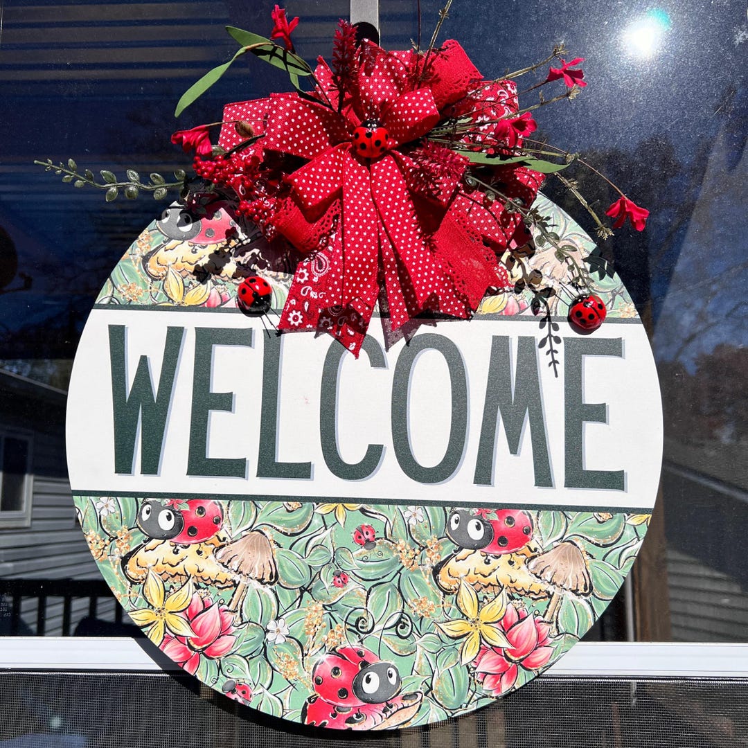 Ladybug Welcome Sign: Floral Spring Door Hanger With Red Bow - Etsy