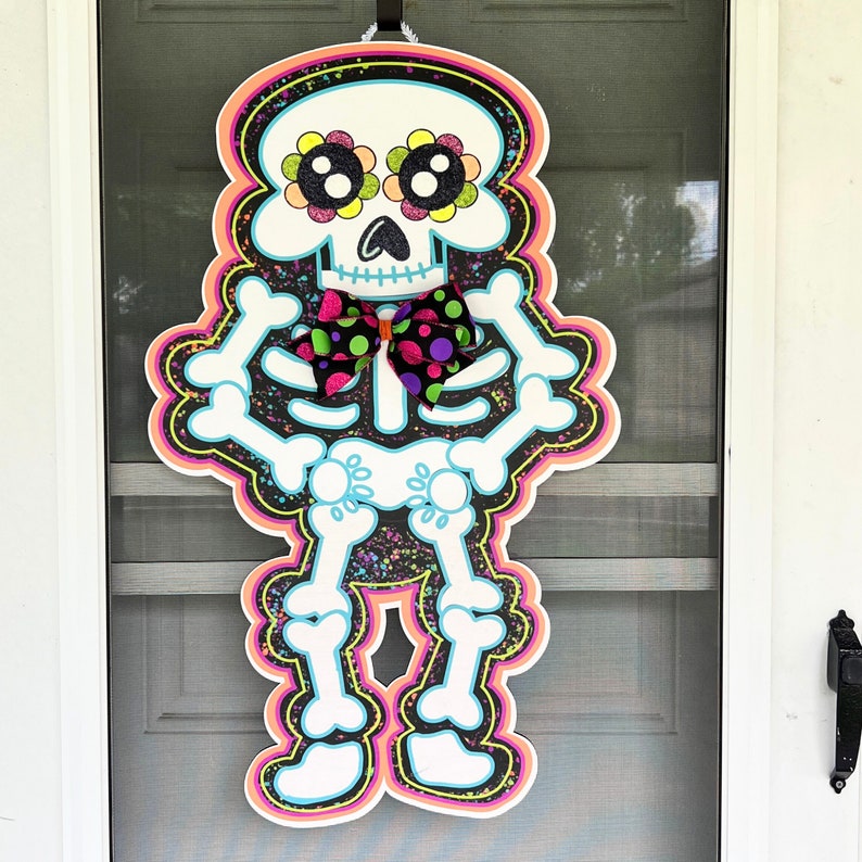 Colorful Day of the Dead Skeleton Door Hanger - Halloween Decor ...