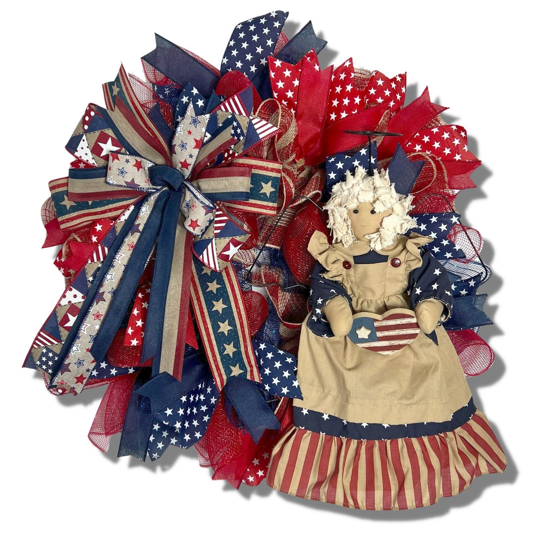 Patriotic Angel Wreath for Front Door, Farmhouse Memorial Day Wreath ...