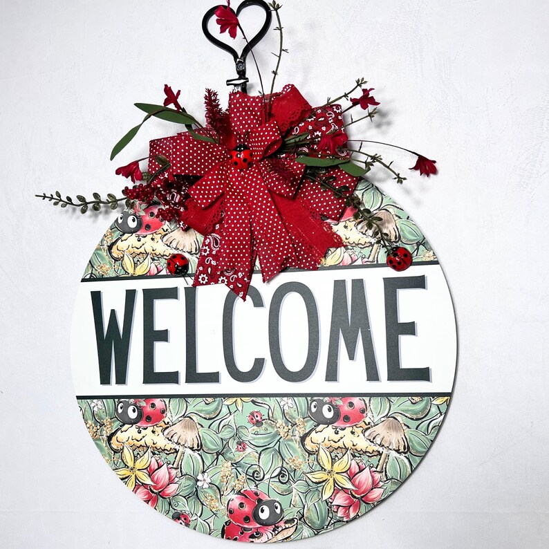 Ladybug Welcome Sign: Floral Spring Door Hanger With Red Bow - Etsy