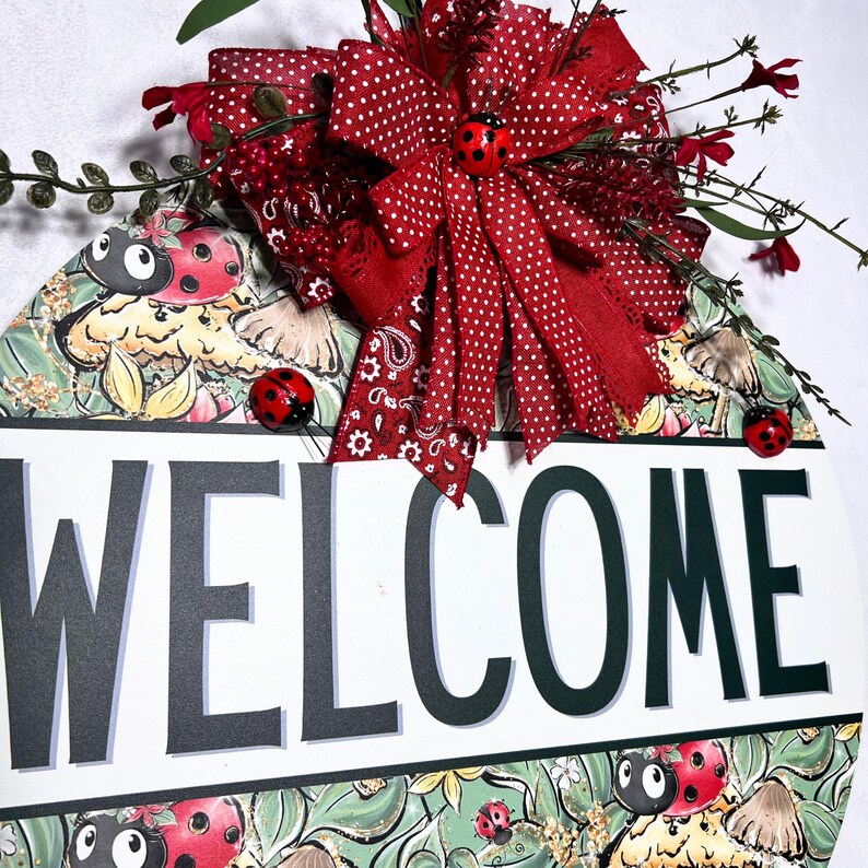 Ladybug Welcome Sign: Floral Spring Door Hanger With Red Bow - Etsy