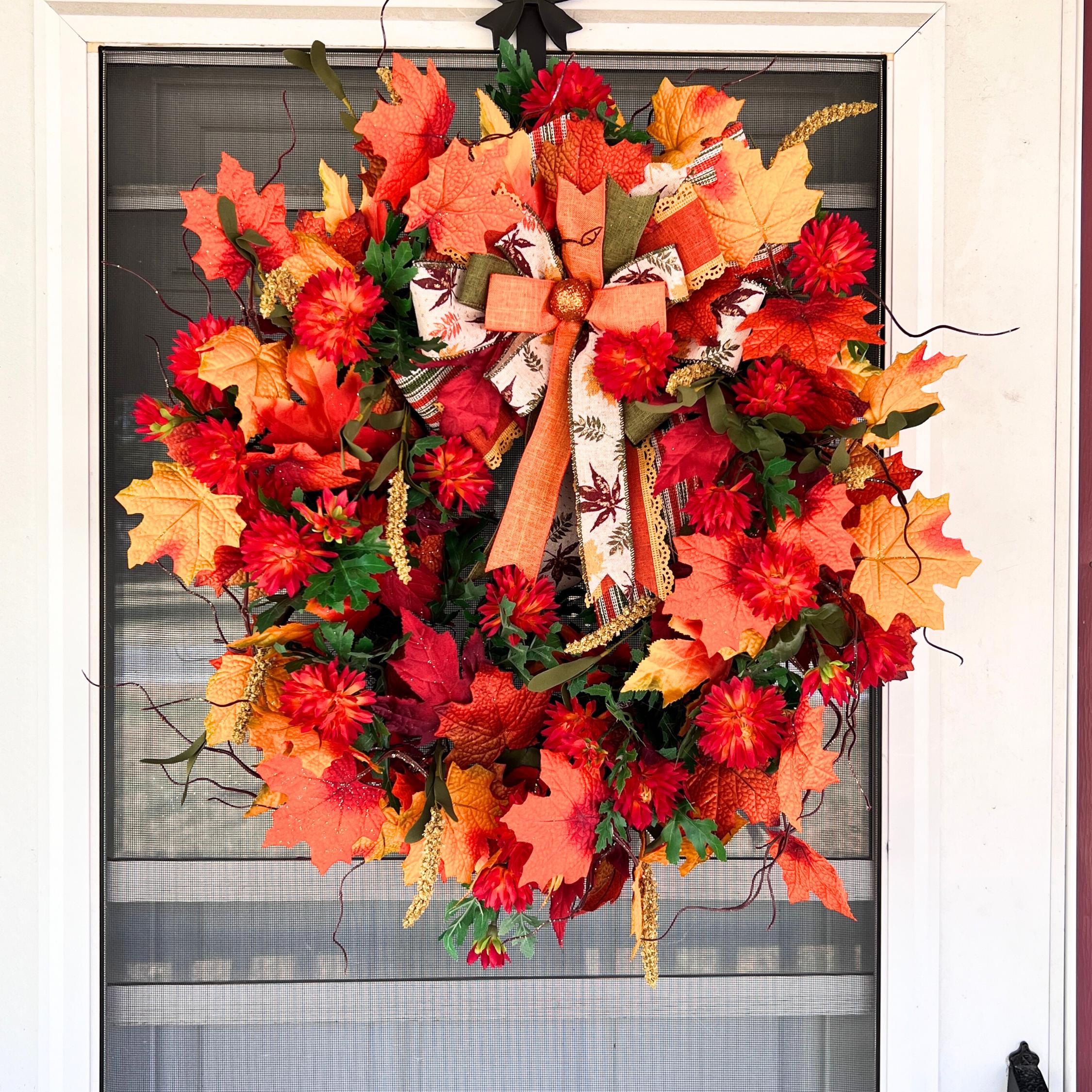 Autumn Maple Leaf Wreath With Mums and Burlap Bow, Fall Door Decor ...