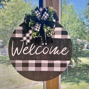 Rustic Buffalo Plaid Welcome Door Hanger, Black White Farmhouse Style ...