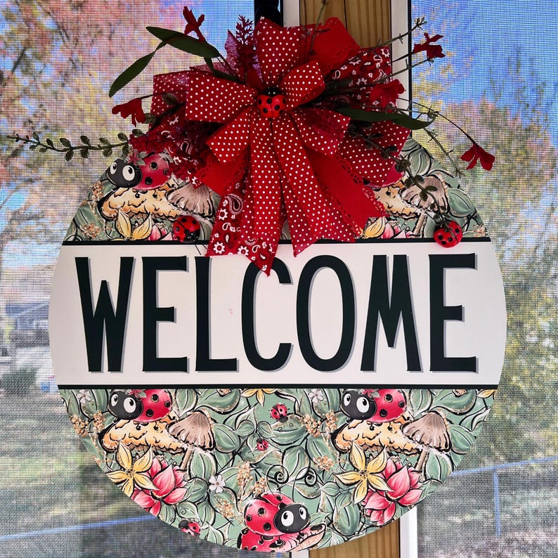 Ladybug Welcome Sign: Floral Spring Door Hanger With Red Bow - Etsy