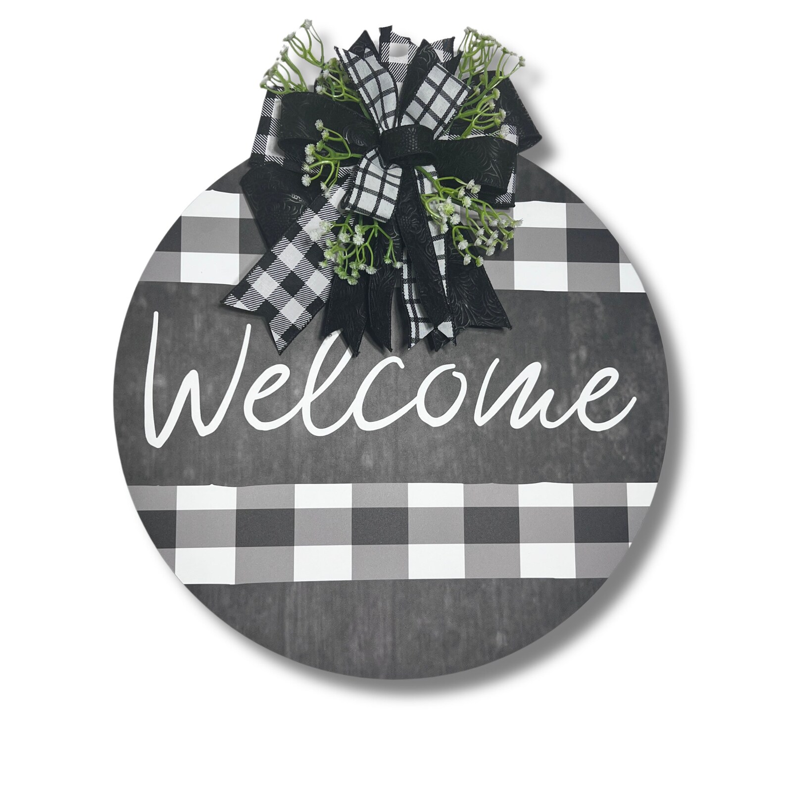 Rustic Buffalo Plaid Welcome Door Hanger, Black White Farmhouse Style ...