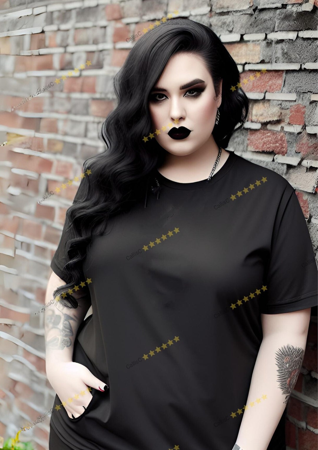 Plus Size Gothic Style Woman and Female Black T-shirt Mockup With Model ...