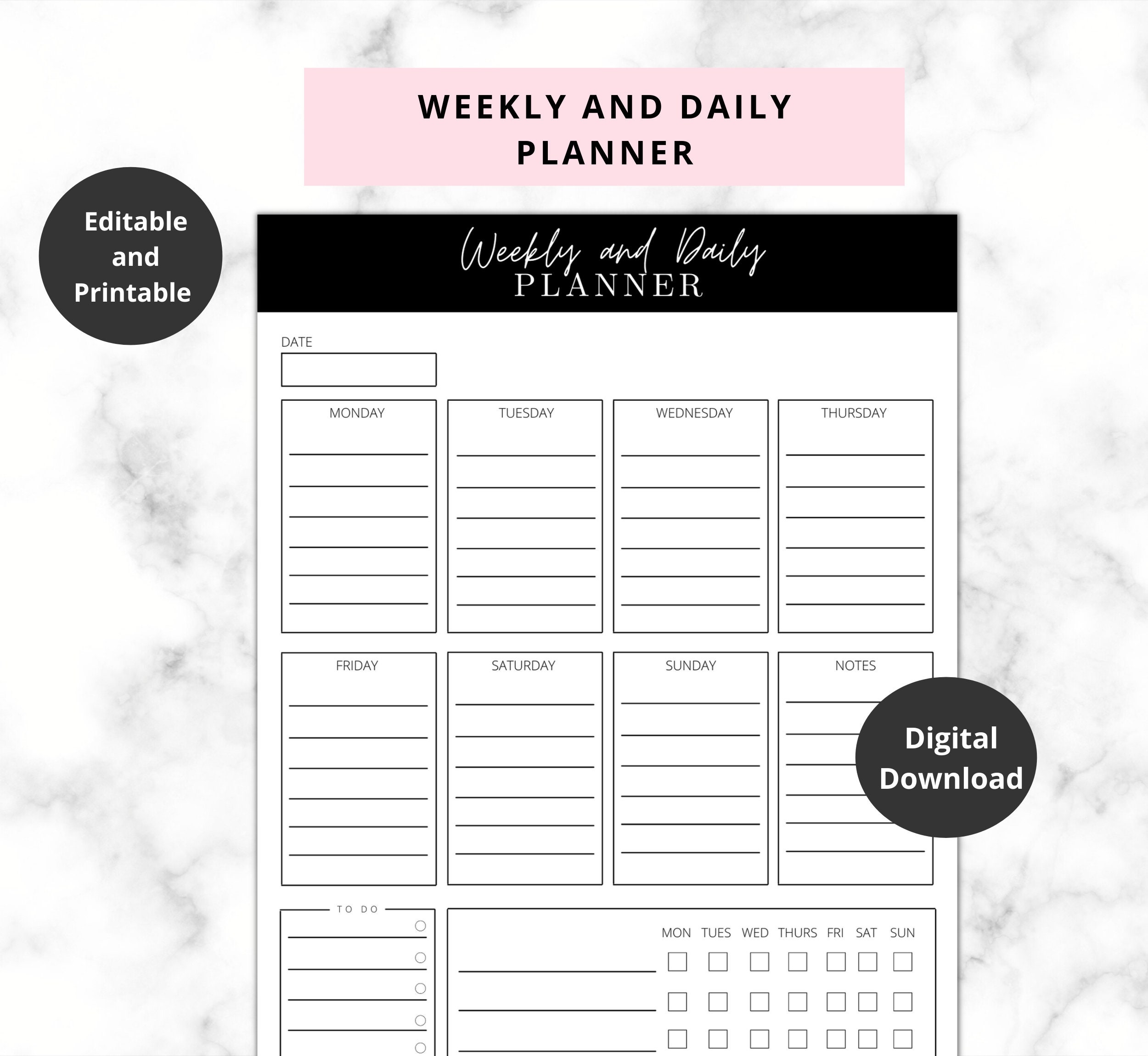 Printable and Editable Daily and Weekly Planner, A5 and US Letter Size ...