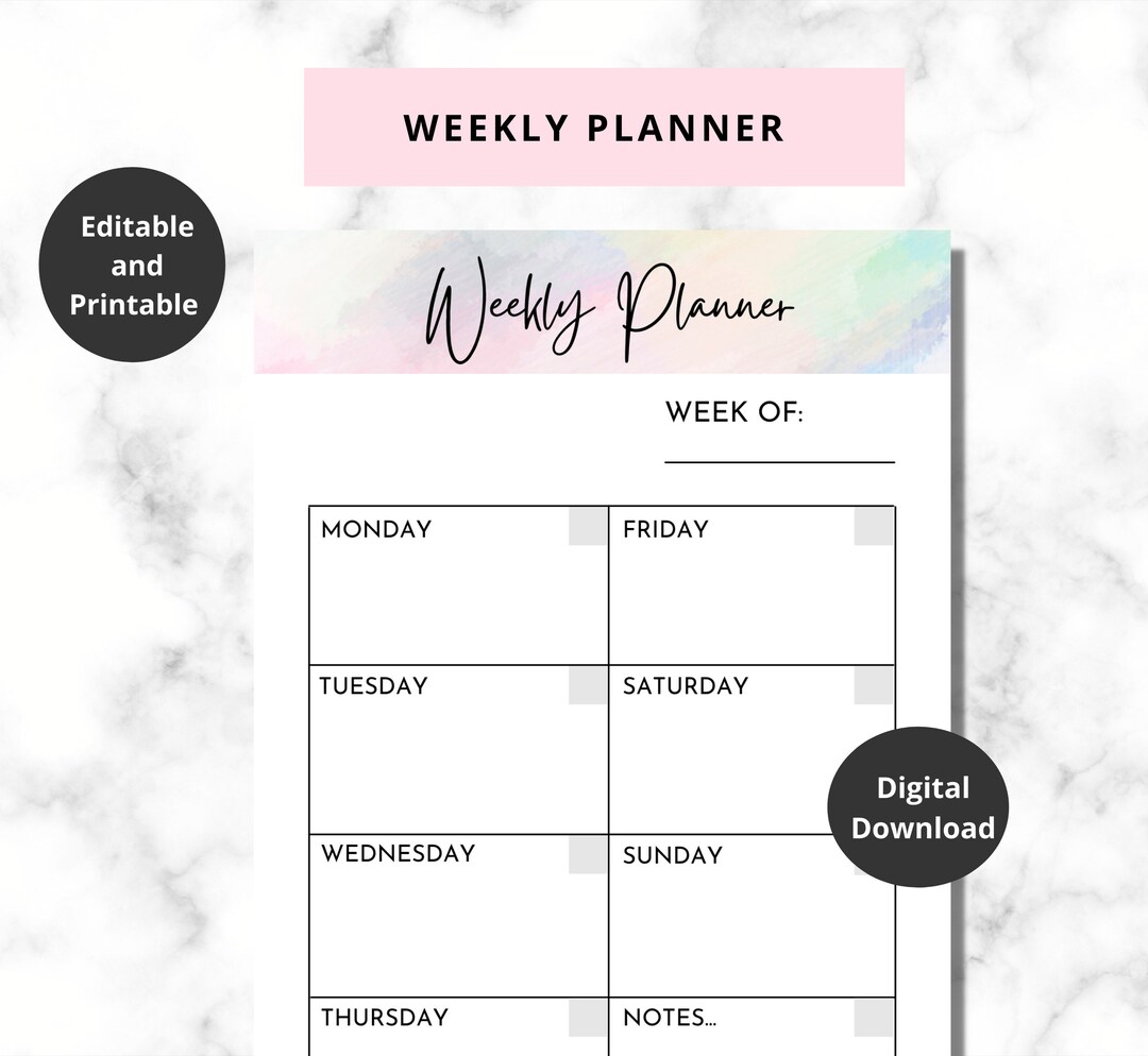 Editable and Printable Digital Weekly Planner, Productivity Planner ...