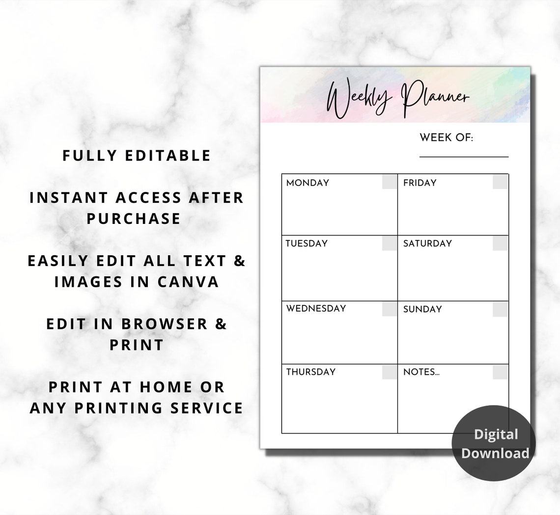 Editable and Printable Digital Weekly Planner, Productivity Planner ...