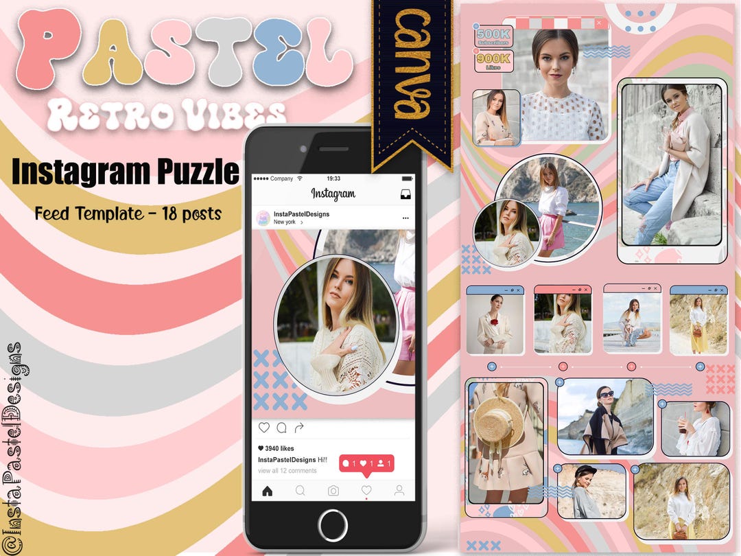 Pastel Retro Vibes Instagram Puzzle Template | Editable Canva Grid ...