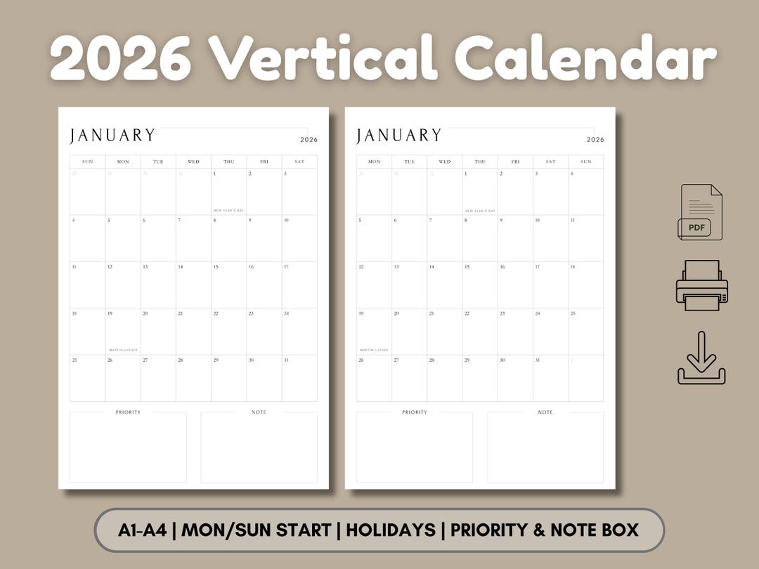 2026 Vertical Calendar | Minimalist Wall Planner With Notes and ...