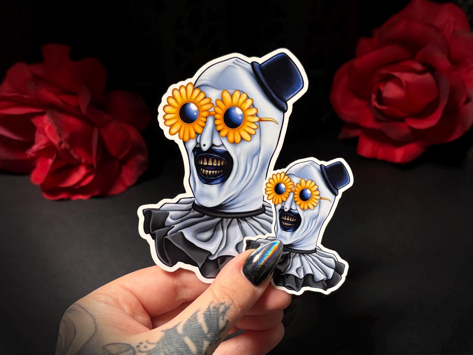 Art The Clown With Sunflower Glasses Sticker Terrifier Inspired