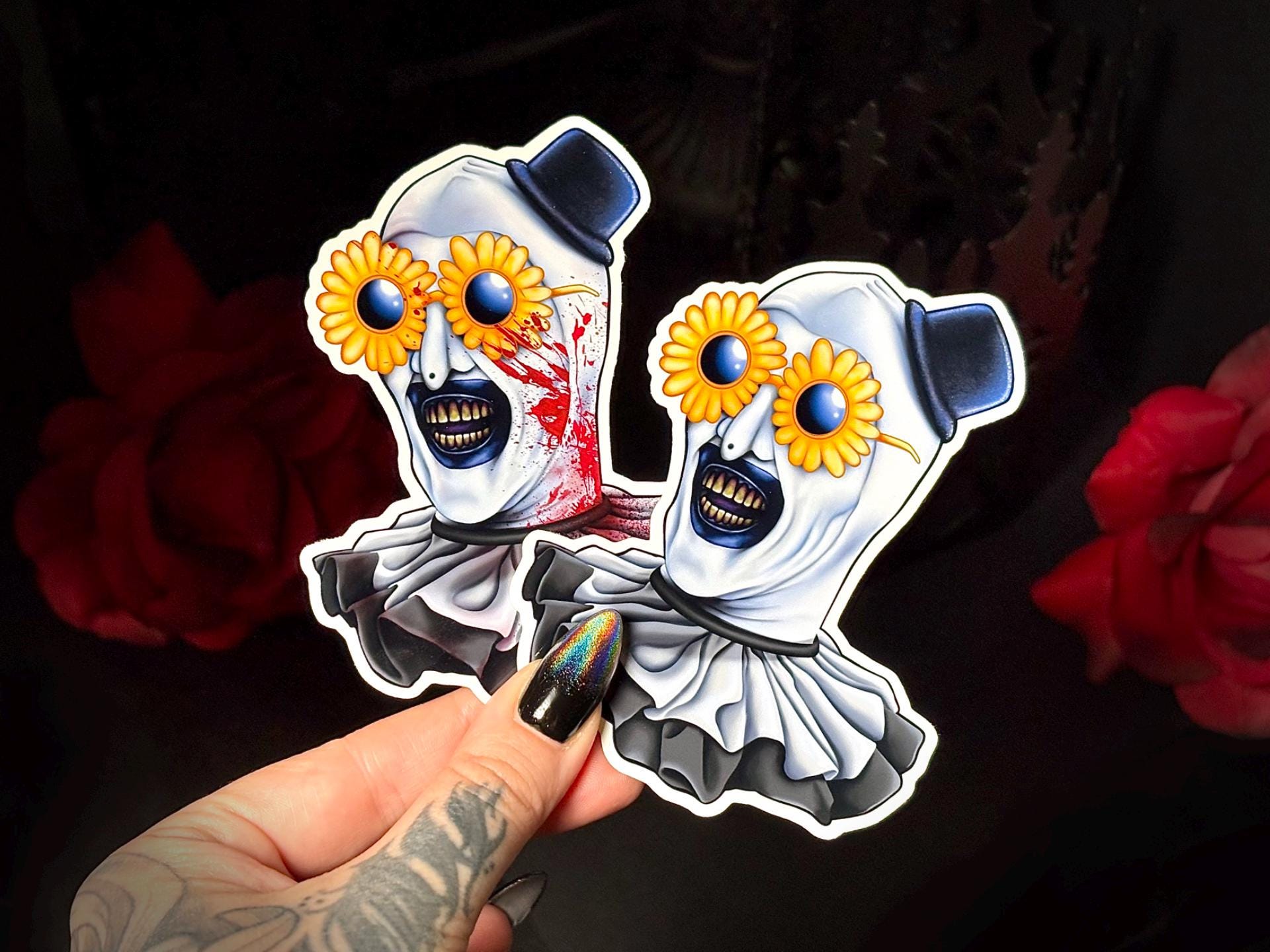 Art The Clown With Sunflower Glasses Sticker Terrifier Inspired