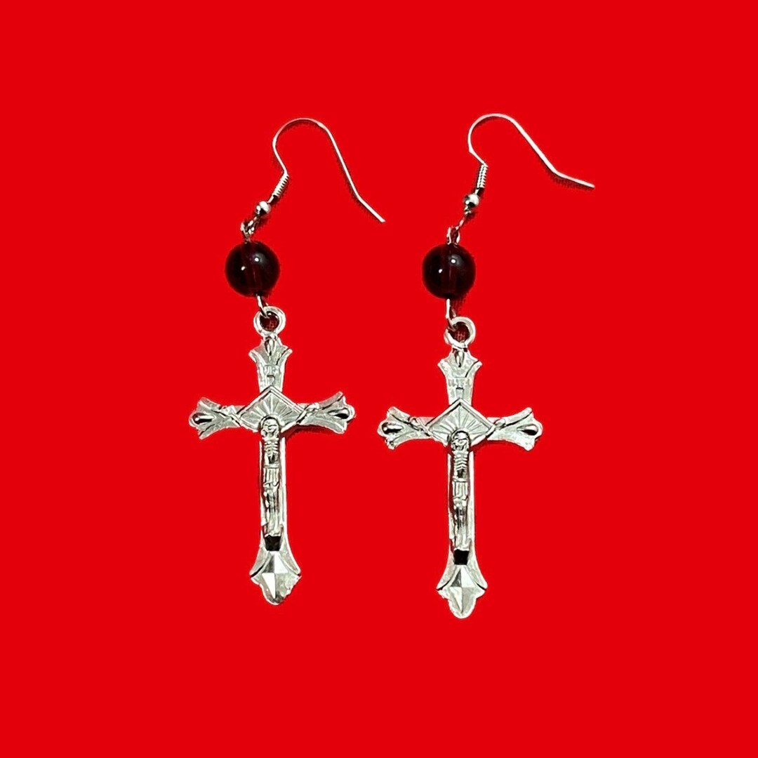 Gothic Vampire Crucifix Cross Deep Red Dangle Earrings - Etsy