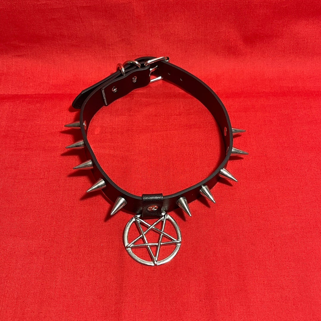 Inverted Pentagram Baphomet Spike Faux Leather Choker Collar Goth Emo ...