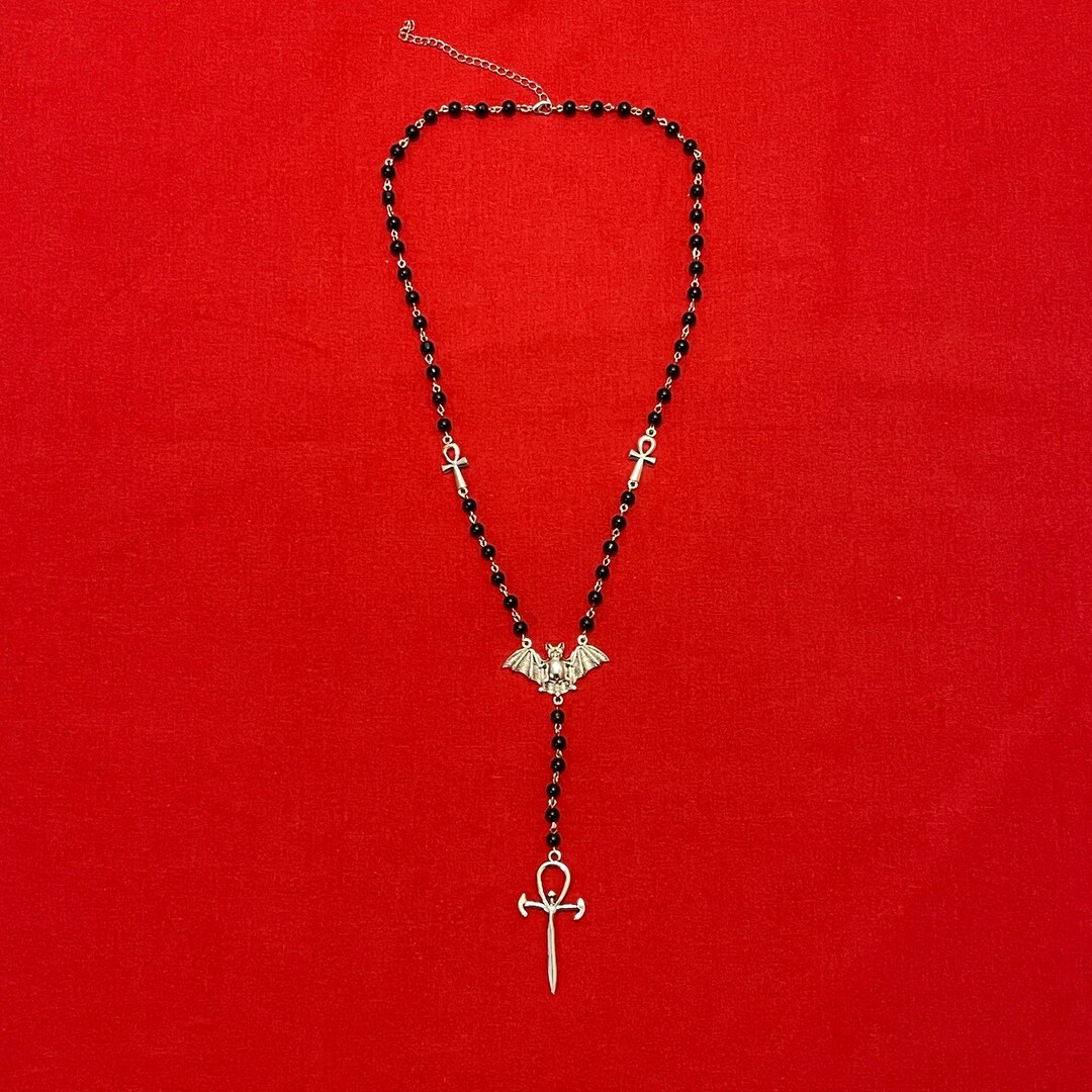 Gothic Bat Ankh Black Beaded Rosary Style Trad Goth Necklace - Etsy