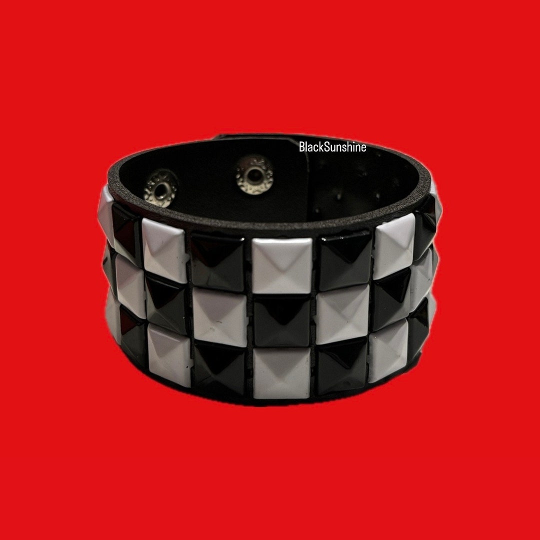 3 Row White & Black Checker Pyramid Spike Emo Goth Alt Wristband Snap ...