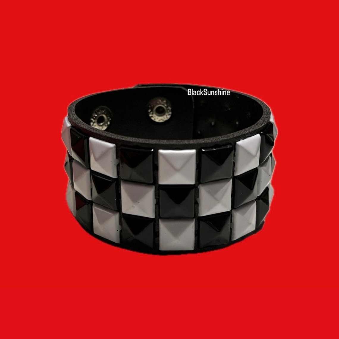 3 Row White & Black Checker Pyramid Spike Emo Goth Alt Wristband Snap ...