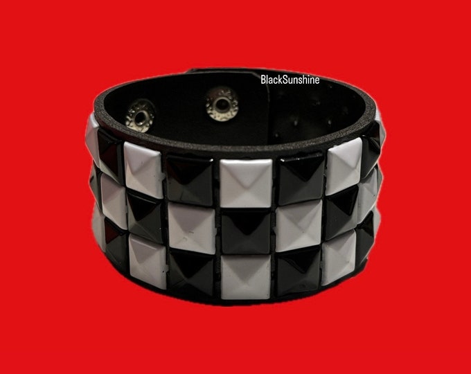3 Row White & Black Checker Pyramid Spike Emo Goth Alt Wristband Snap ...