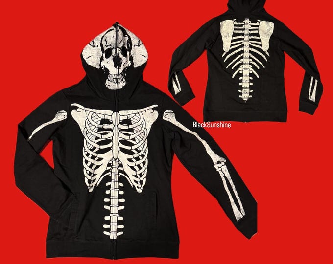 Teenage Runaway Skeleton & Skull Hood Double Side Graphic Emo Alt Goth ...