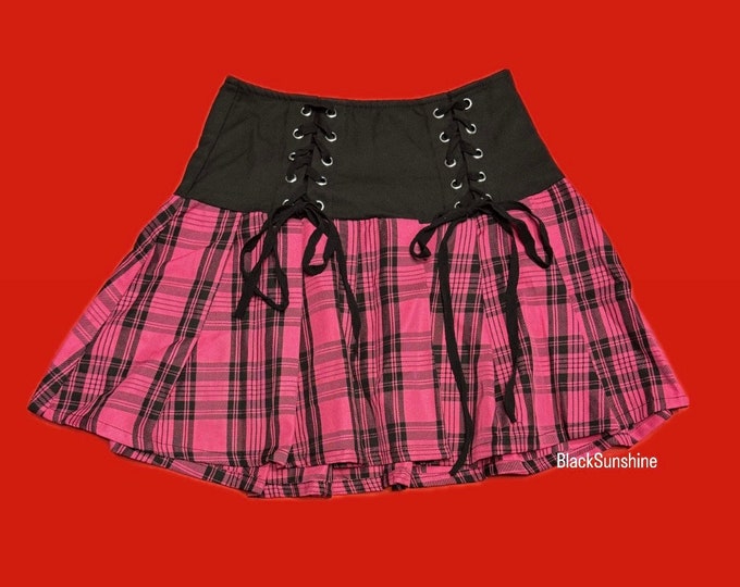 Pink Black Plaid Ribbon Lace up Emo Goth Mini Skirt XS - Etsy