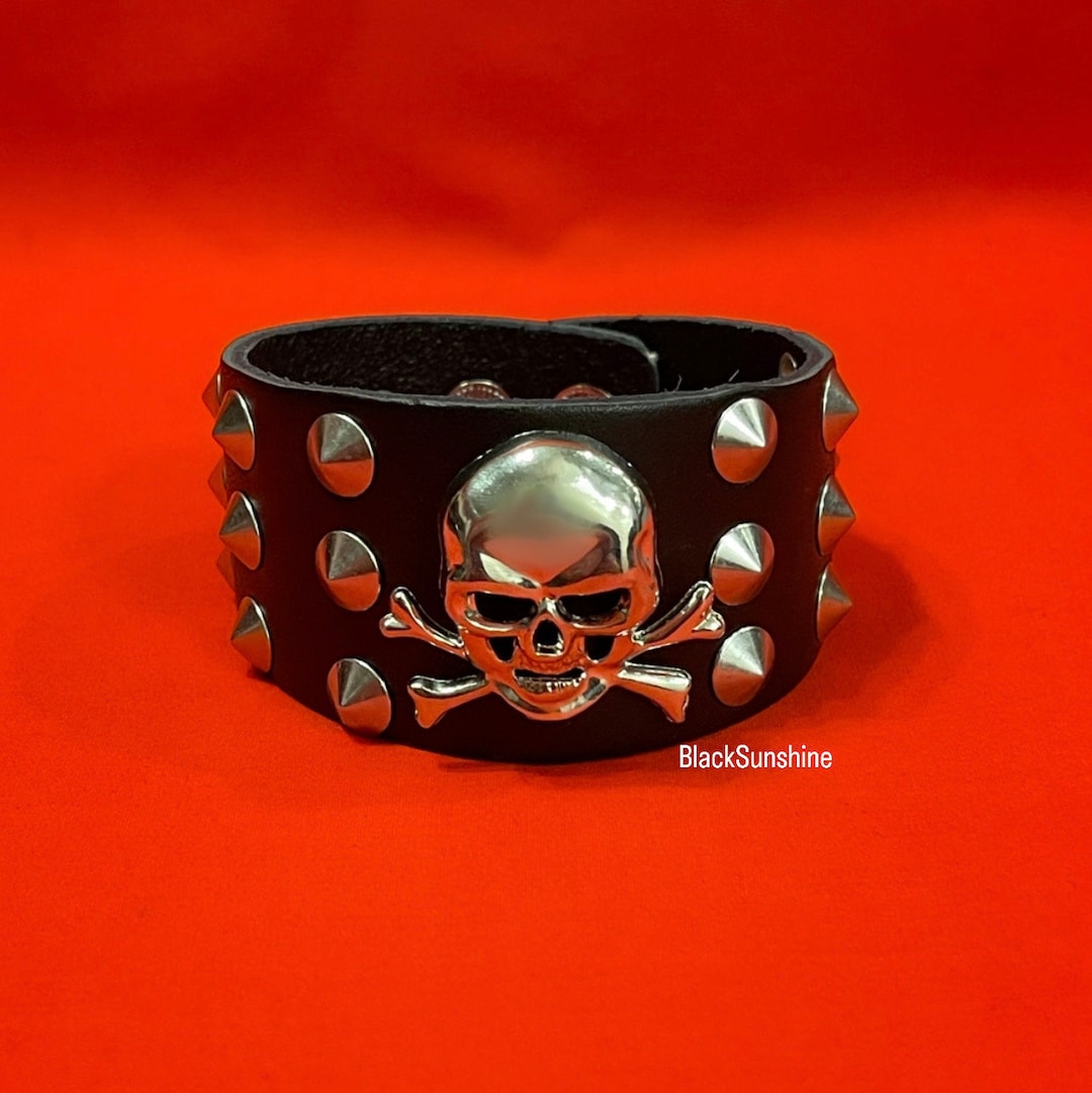 Skull Crossbones Spiked Chrome Faux Leather Goth Alt Bracelet Cuff - Etsy