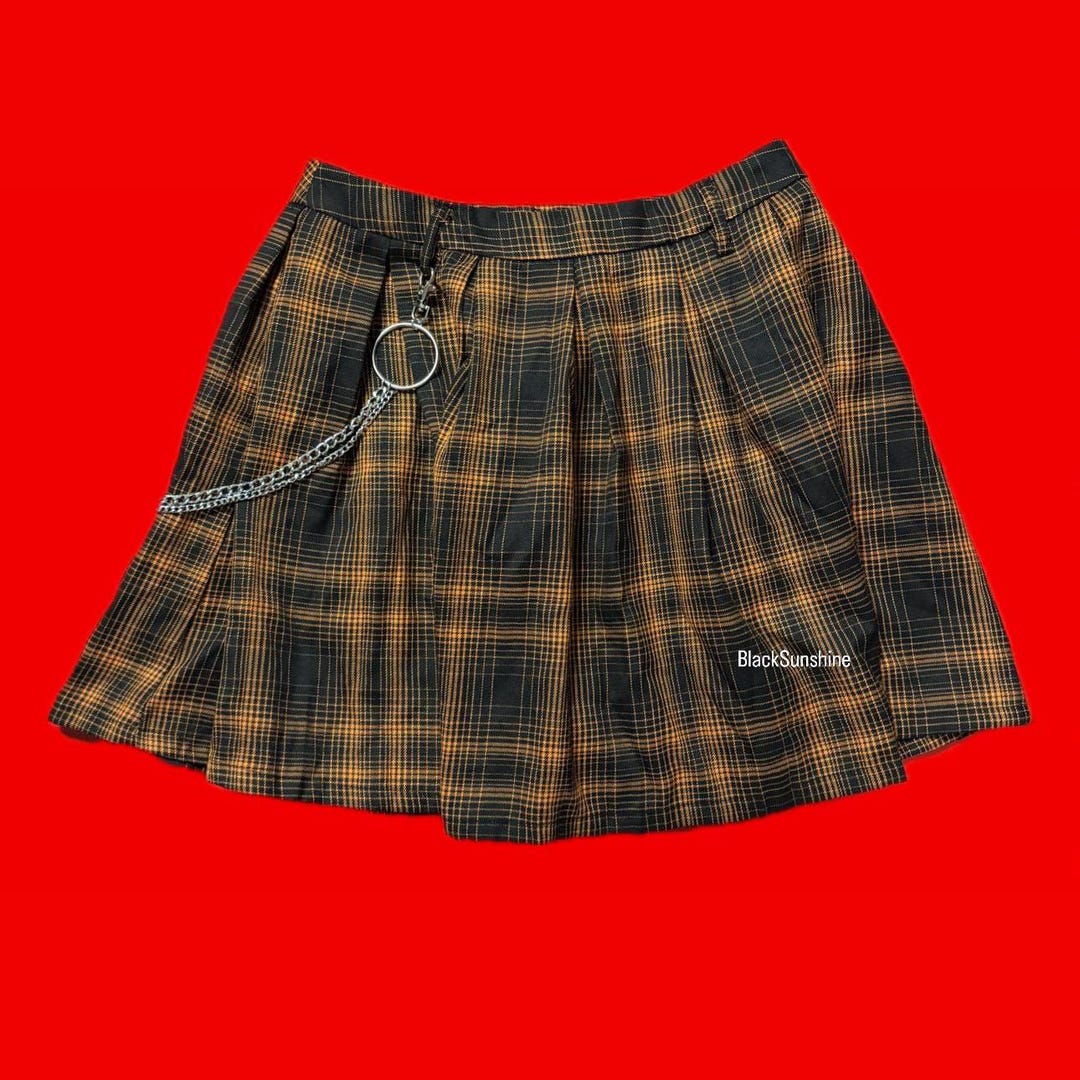 Orange and Black Plaid Pleated Chain Emo Goth Skirt S - Etsy