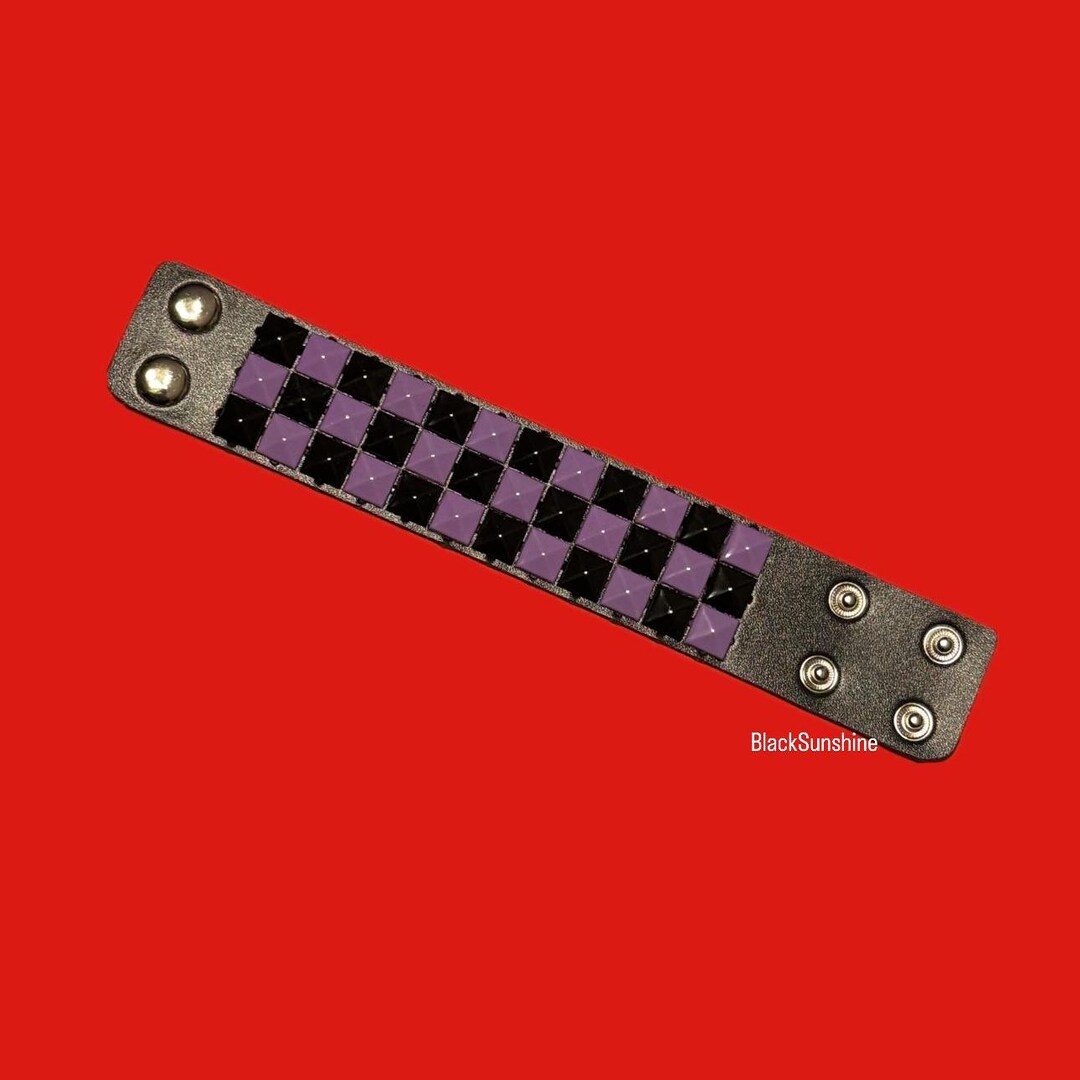 3 Row Black Purple Checkered Pyramid Spike Emo Goth Alt Wristband Snap ...