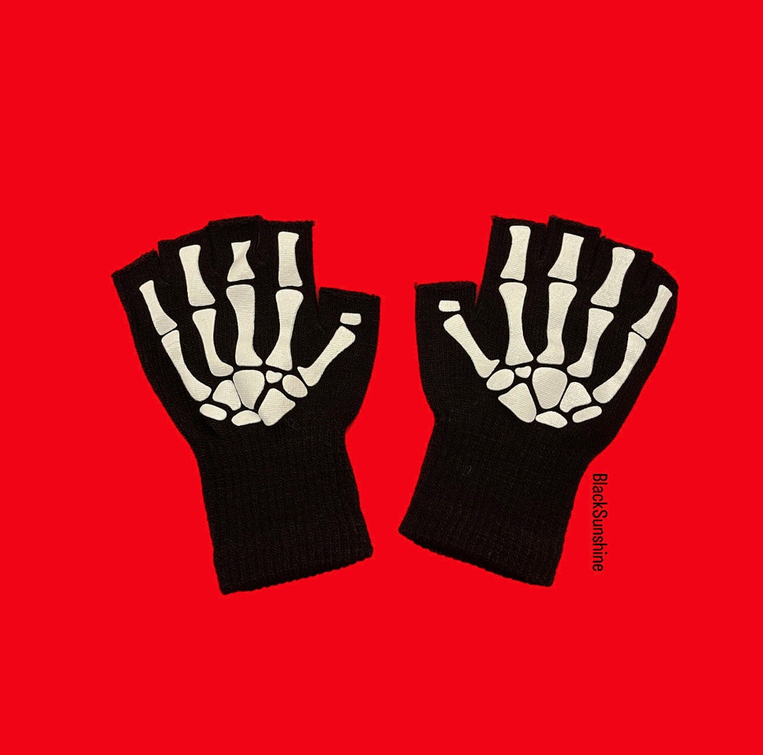 Skeleton Hand Bone Acrylic Emo Goth Spooky Fingerless Gloves ( Short ...