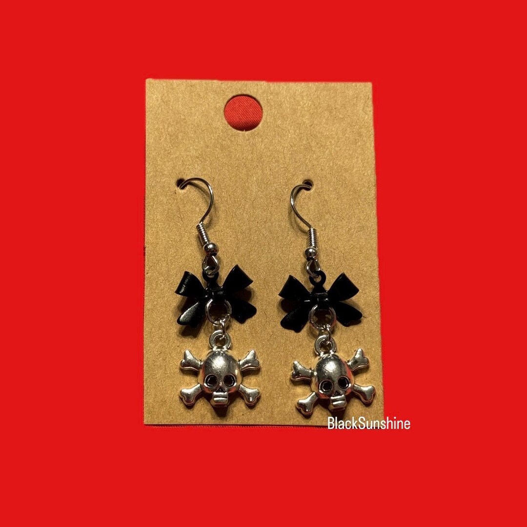 Black Bow & Skull Crossbones Emo Goth Dangle Earrings - Etsy
