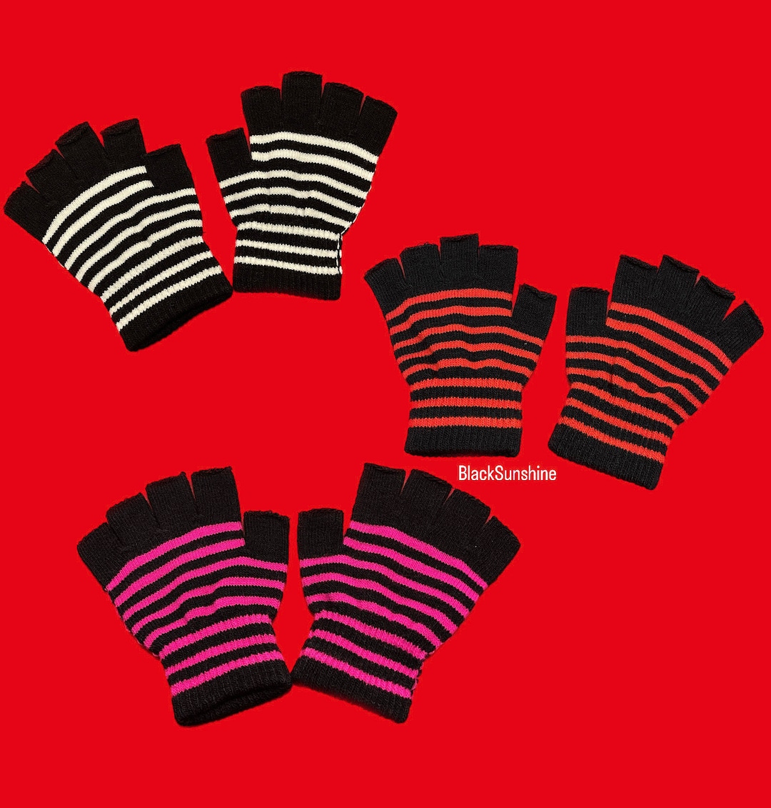 Stripe Emo Goth Fingerless Gloves Acrylic ( Red / Pink / White / Black ...