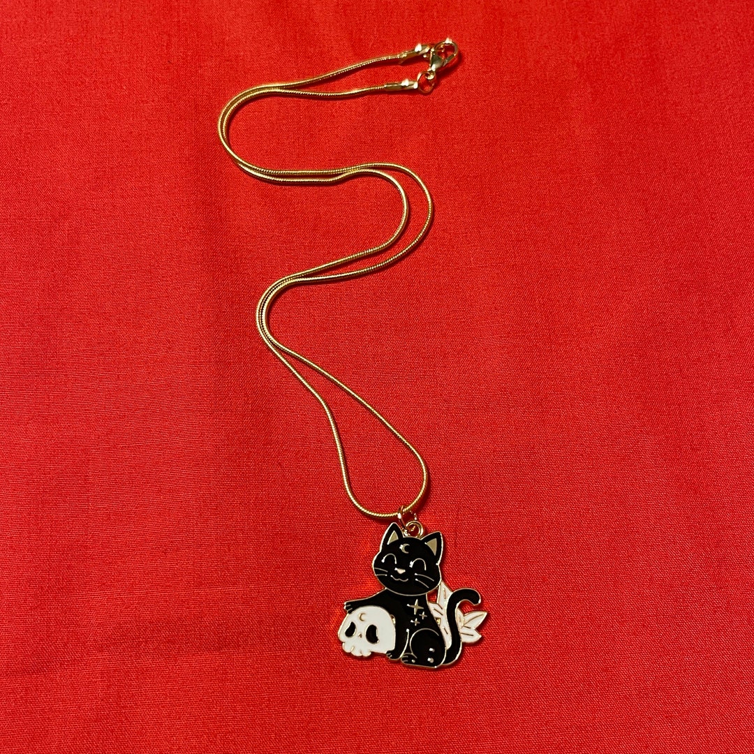 Black Cat White Skull Pendant Gold Goth Oddities Charm - Etsy
