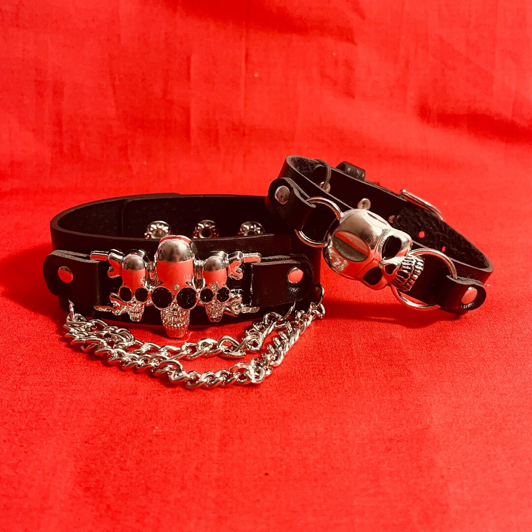 Skull Goth Alt Vegan Leather Wristband Bracelet - Etsy