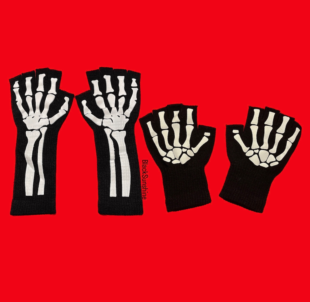 Skeleton Hand Bone Acrylic Emo Goth Spooky Fingerless Gloves ( Short ...