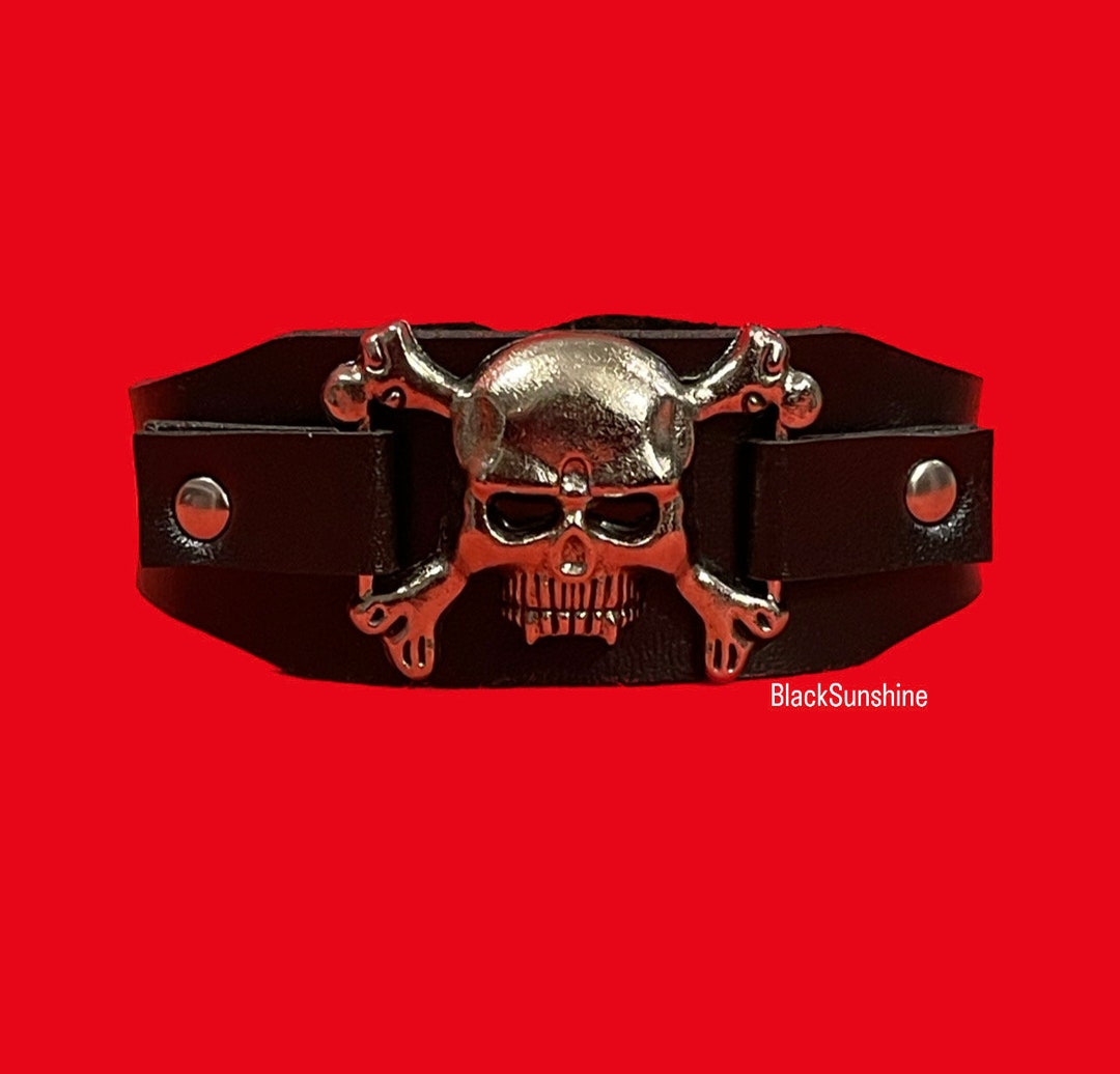 Skull Crossbones Chrome Faux Leather Alt Goth Bracelet Cuff - Etsy