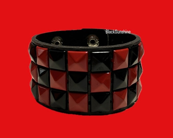 3 Row Red Black Checker Pyramid Spike Emo Goth Alt Wristband Snap ...