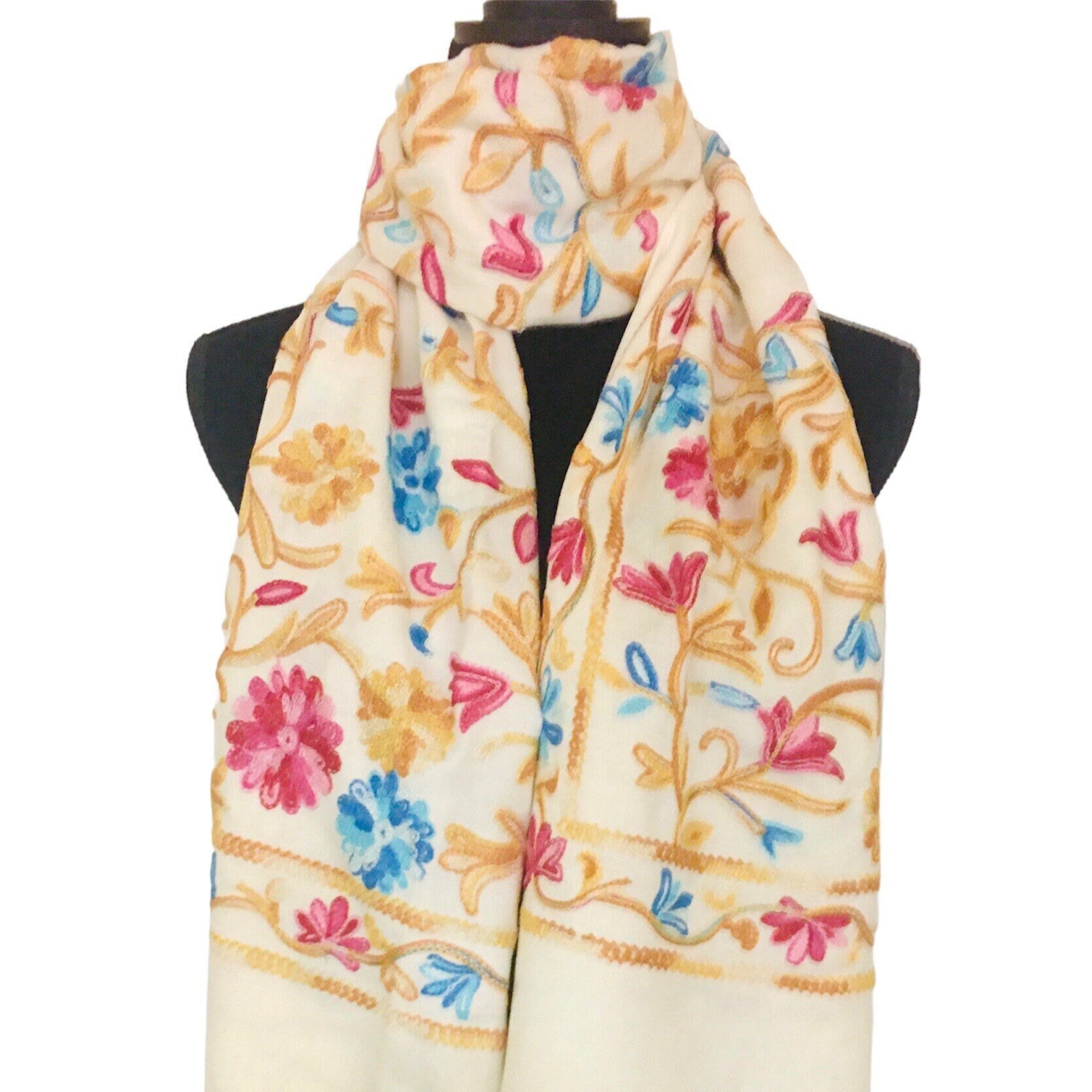 Scarf, Wrap, Handmade Floral Embroidered Scarf Wrap, off White, Multi ...