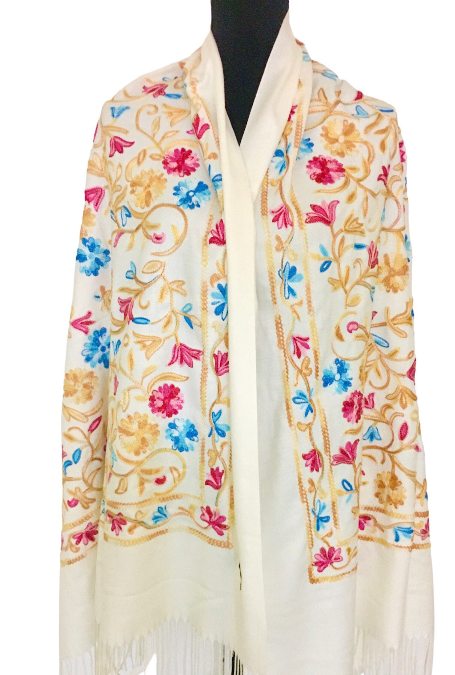 Scarf, Wrap, Handmade Floral Embroidered Scarf Wrap, off White, Multi ...